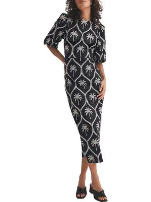 Mint Velvet Palm Printed Midi Dress - Black