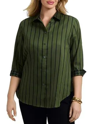 Foxcroft Margie Stripe Three-quarter Sleeve Button-up Shirt - Basil Green/ Black