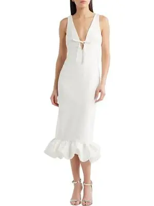 Likely Balta Ruffle Hem Mixed Media Cocktail Midi Dress - White