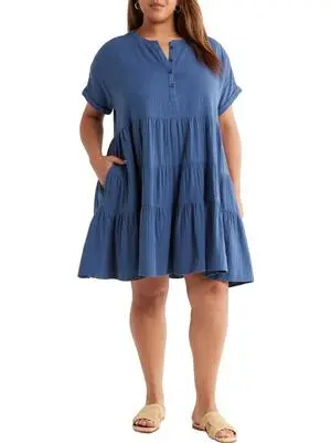 Caslon Cotton Gauze Tiered Popover Dress Navy Denim