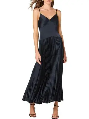 Astr The Label Pleated Drop Waist Dress Navy