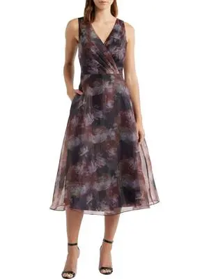 Julia Jordan Floral Print Midi Cocktail Dress - Navy Pink