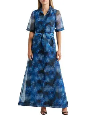 Julia Jordan Tie Belt Organza Maxi Shirtdress - Blue Multi