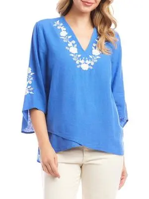 Karen Kane Floral Embroidery Detail Linen Blend Top - Cornflower Blue