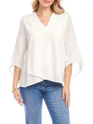 Karen Kane Floral Embroidery Detail Linen Blend Top - Off White