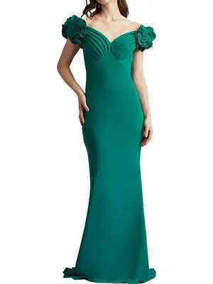 Tadashi Shoji Fleurette Portrait Neck Mermaid Gown - Emerald
