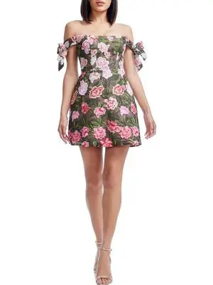 Dress The Population Floral Embroidered Off-the-shoulder Mini Dress - Pink Rose Multi