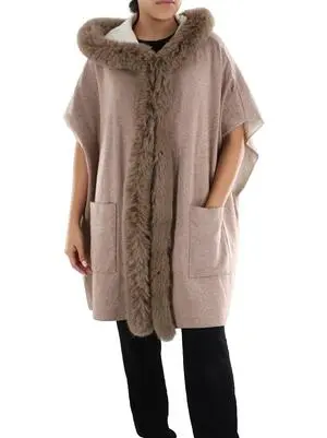 La Fiorentina Faux Fur Trimmed Hooded Wrap - Camel