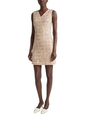 St. John Metallic Tweed Sheath Dress With Fringe Trim - Power Rose/ Acorn Multi