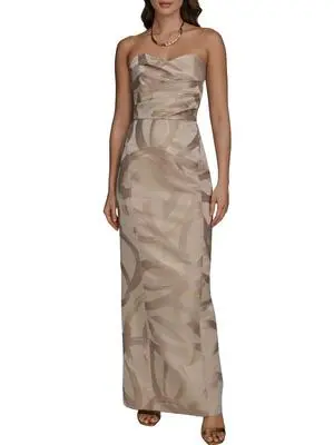 Donna Karan New York Pleated Metallic Strapless Gown - Sand/ Gold