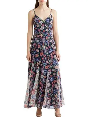 HUTCH Floral Print Godet Sleeveless Gown - Navy Garden