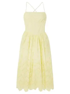SELF-PORTRAIT Drawstring Broderie Anglaise Cotton Midi Dress - Yellow