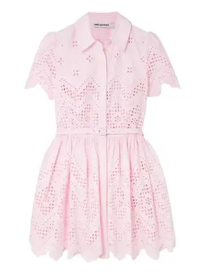 SELF-PORTRAIT Scalloped Broderie Anglaise Cotton Mini Shirt Dress - Pink