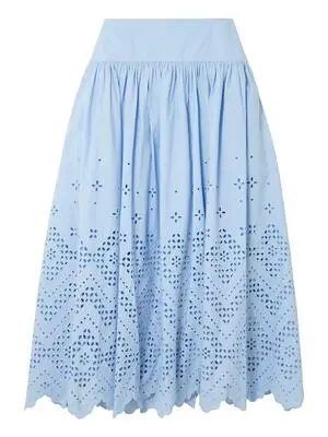 SELF-PORTRAIT Broderie Anglaise Cotton Midi Skirt - Blue