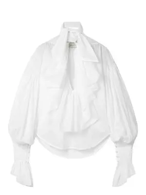SALON 1884 Giacomo Tie-Neck Ruffled Cotton-Voile Blouse