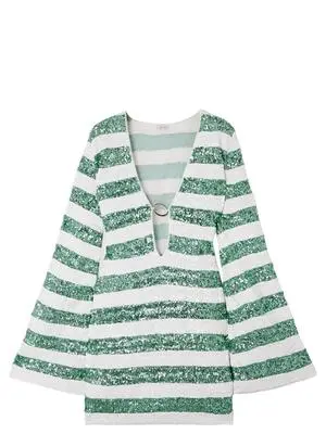 Oseree Candy Paillettes Embellished Striped Mesh Kaftan - Green