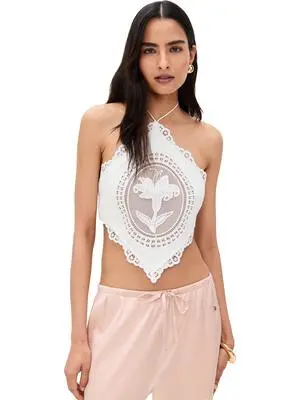 Retrofete Halter Neck Lace Trimmed Summer Top - Ivory