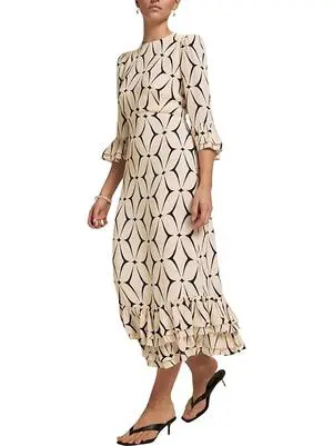 Mint Velvet Geo Print Ruffle Midi Dress - Cream