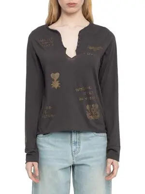 Zadig&Voltaire Multi Strass Beaded Cotton Top - Dark Chocolate