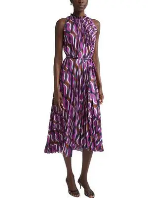 St. John 70s Block Print Pleated Dress - Deep Purple/ Navy Multi