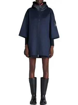 Moncler Wool Blend Felt Hooded Cape - Navy