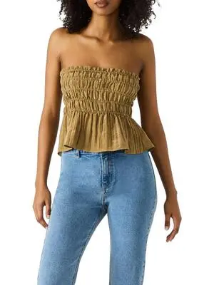 Steve Madden Cambria Strapless Smocked Peplum Top - Deep Olive
