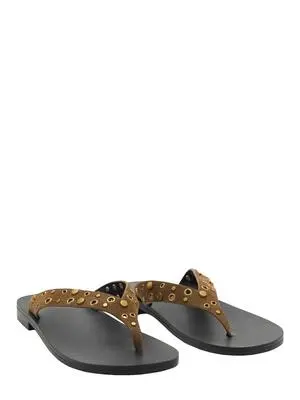 Mango Grommet And Stud Suede Flip-flops - Khaki