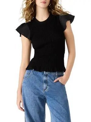 Steve Madden Cecilie Smocked Ruffle Cotton Sleeve Top - Black