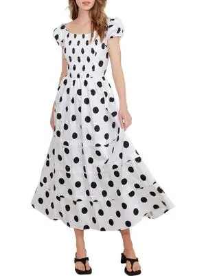 FREEMARKET Tiered Polka Dot Stretch Cotton Midi Dress - White