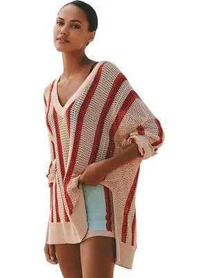 CELANDINE Side-Slit Oversized Pullover Cream/red/blue