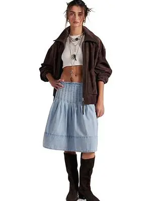 Free People Peyton Pintuck Denim Midi Skirt - Piece Of Cake