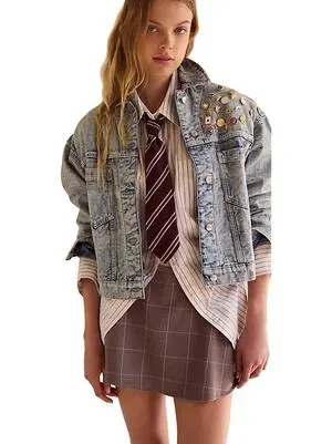 Free People We The Free Opal Swing Jacquard Denim Jacket - Letters Wash