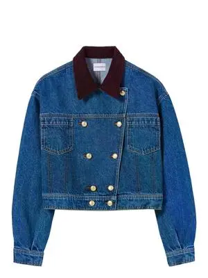 Claudie Pierlot Double-breasted Denim Jacket With Corduroy Collar - Blue