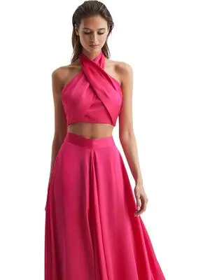 REISS Ruby Cropped Halter Top Pink