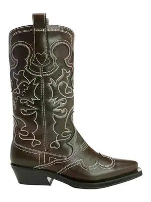 GANNI Leather Embroidered Boots - Brown