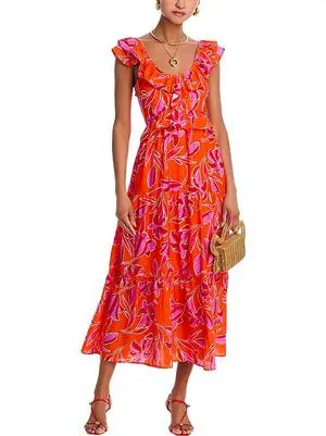 Aqua Leaf Ruffle Midi Dress - Orange