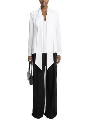 Michael Kors Silk Tie Neck Pleated Blouse - Optic White