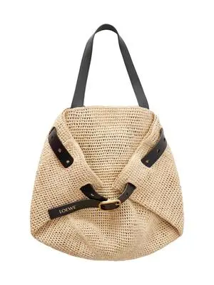 LOEWE Punch Hole Medium Leather-Trimmed Raffia Tote