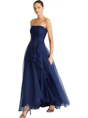 Theia Teresa Strapless Draped Gown - Navy