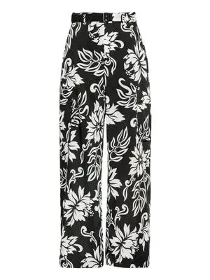 Sacai Floral-print Palazzo Trousers With Detachable Belt - Black