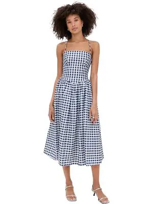 SELF-PORTRAIT Printed Taffeta Midi Dress - Navy Gingham