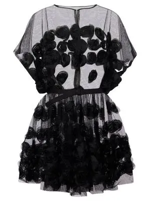 Norma Kamali Floral-appliqué Belted Tulle Minidress - Black