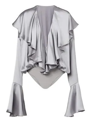 Norma Kamali Ruffled Satin Bodysuit - Silver