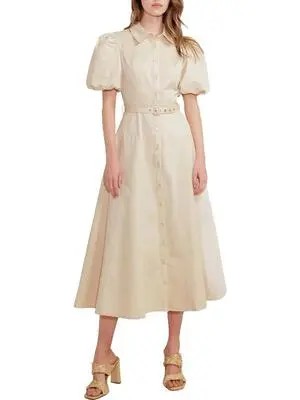 FREEMARKET Puff Sleeve Belted Cotton Shirtdress - Almond