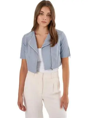 LAMARQUE Kirsi Cropped Biker Jacket - Light Blue Denim