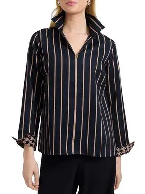 Foxcroft Agnes Stripe Cotton Popover Top - Black/ Almond