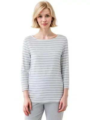 Majestic Filatures Striped 3/4 Sleeve Boatneck T-shirt - Gris Chine Clair