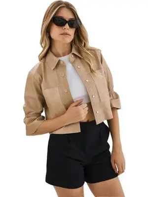 LAMARQUE Carolina Leather Ruffle Sleeve Jacket - Beige