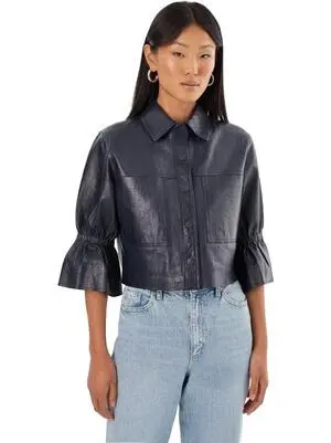 LAMARQUE CAROLINA Leather Ruffle Sleeve Jacket Navy