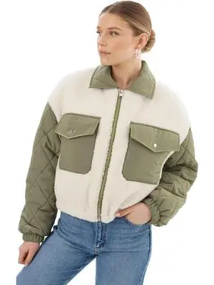 LAMARQUE Mixed Media Bomber Jacket - Ivory/sage
